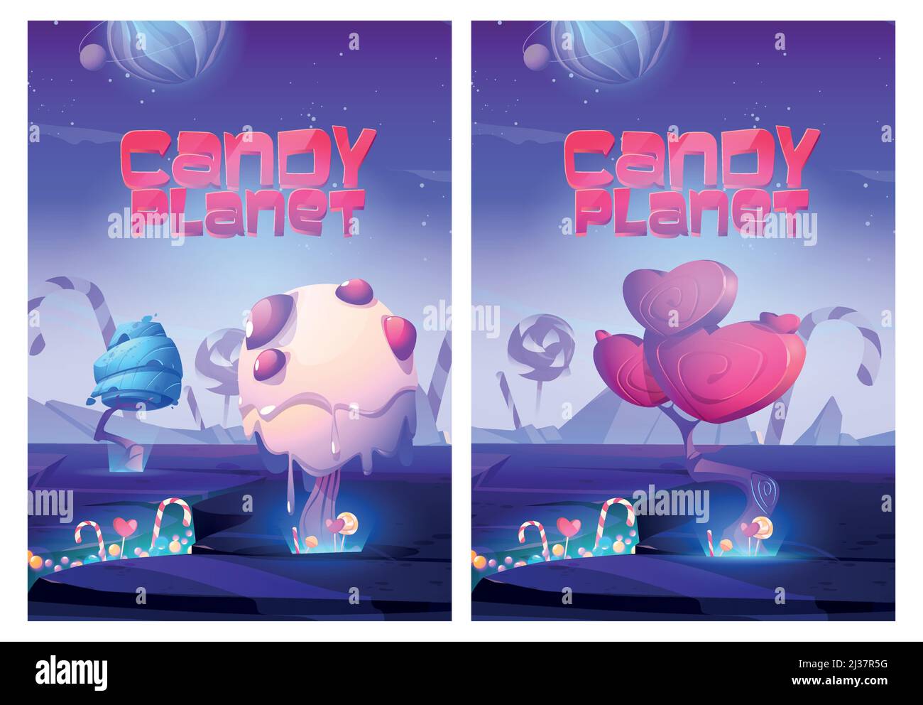 Candy planet posters with unusual trees from cream and caramel in heart ...