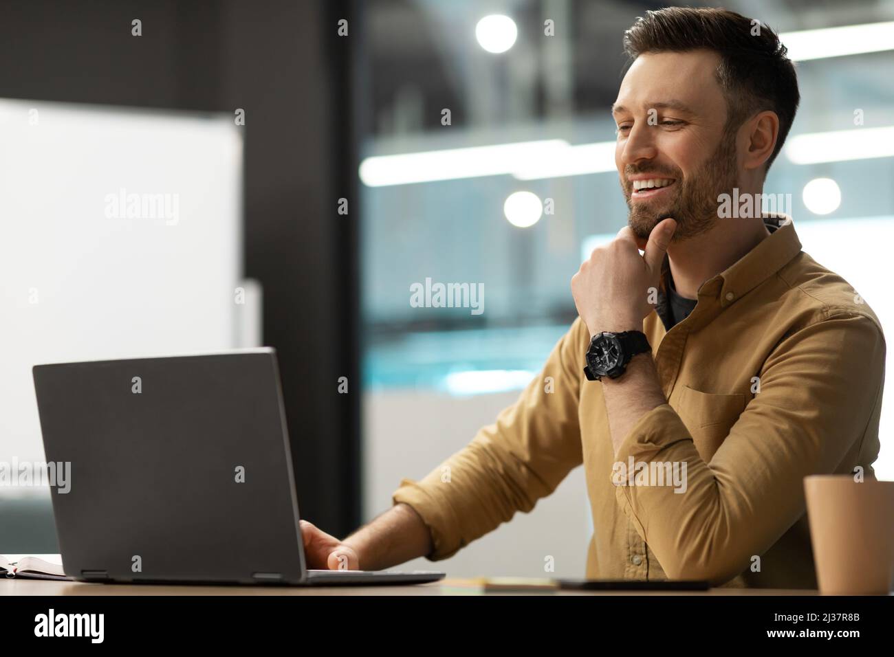 Happy Businessman Using Laptop Computer Working Online Sitting In ...