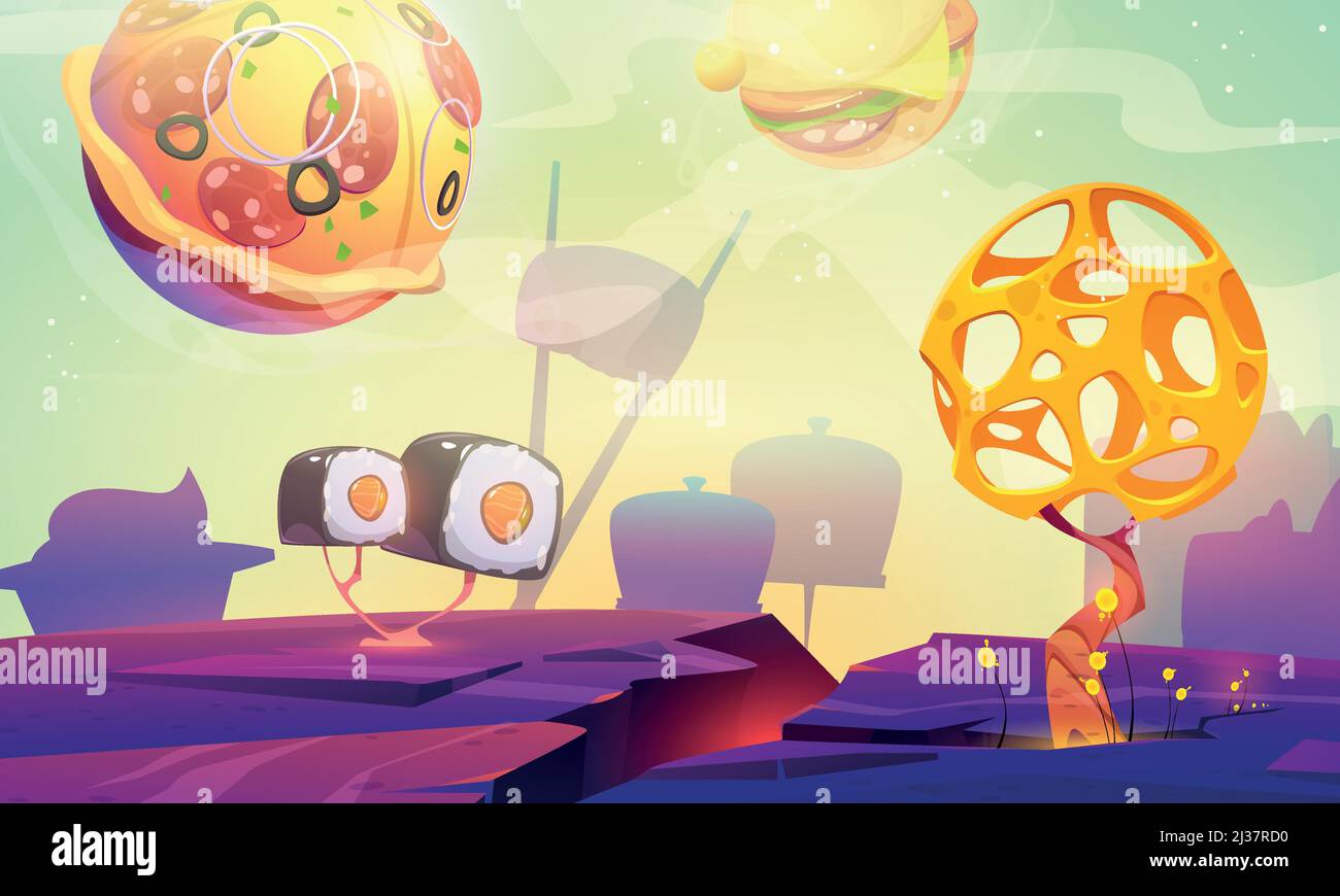 Fast food planet cartoon poster with pizza, burger spheres and sushi ...