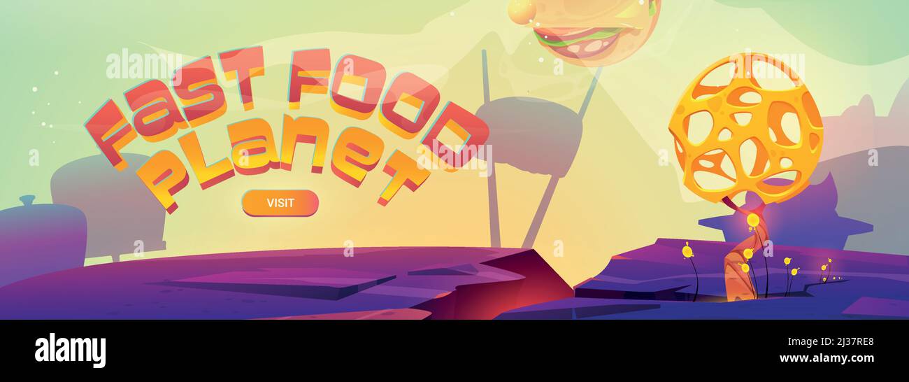 Fast food planet cartoon landing page with burger sphere over alien ...