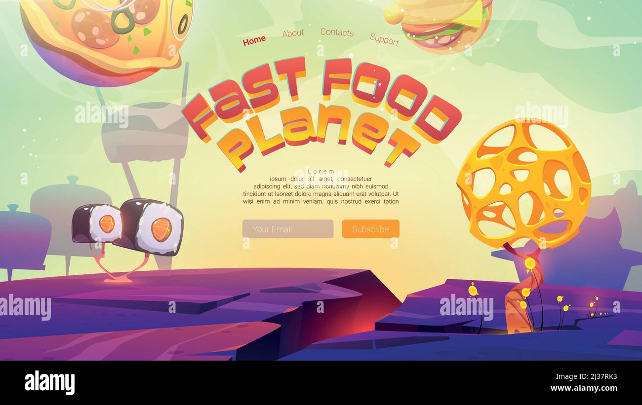 Fast food planet cartoon landing page with pizza, burger spheres and ...