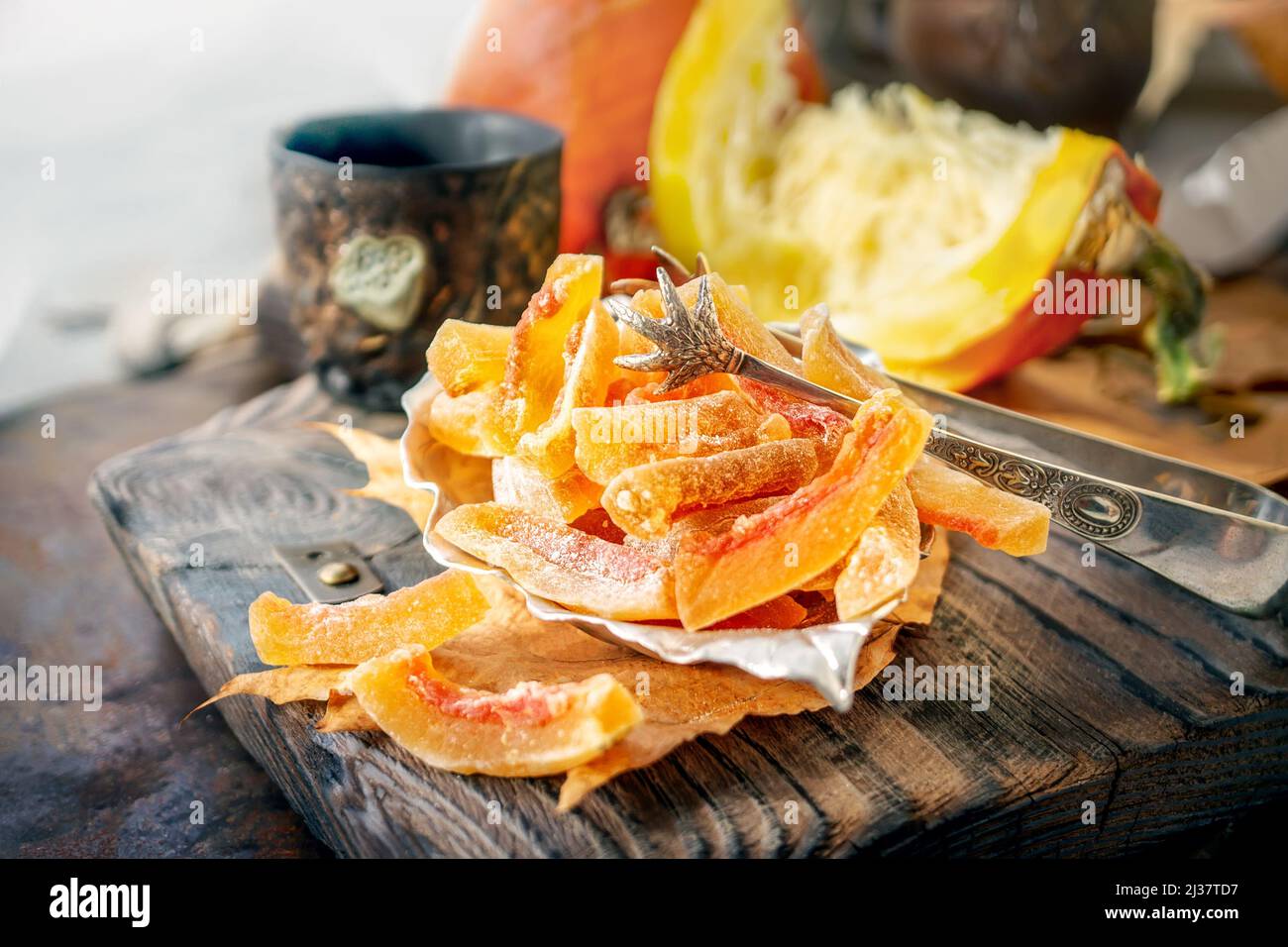 Dried candied pumpkin fruits. Preparation of natural farm homemade ...