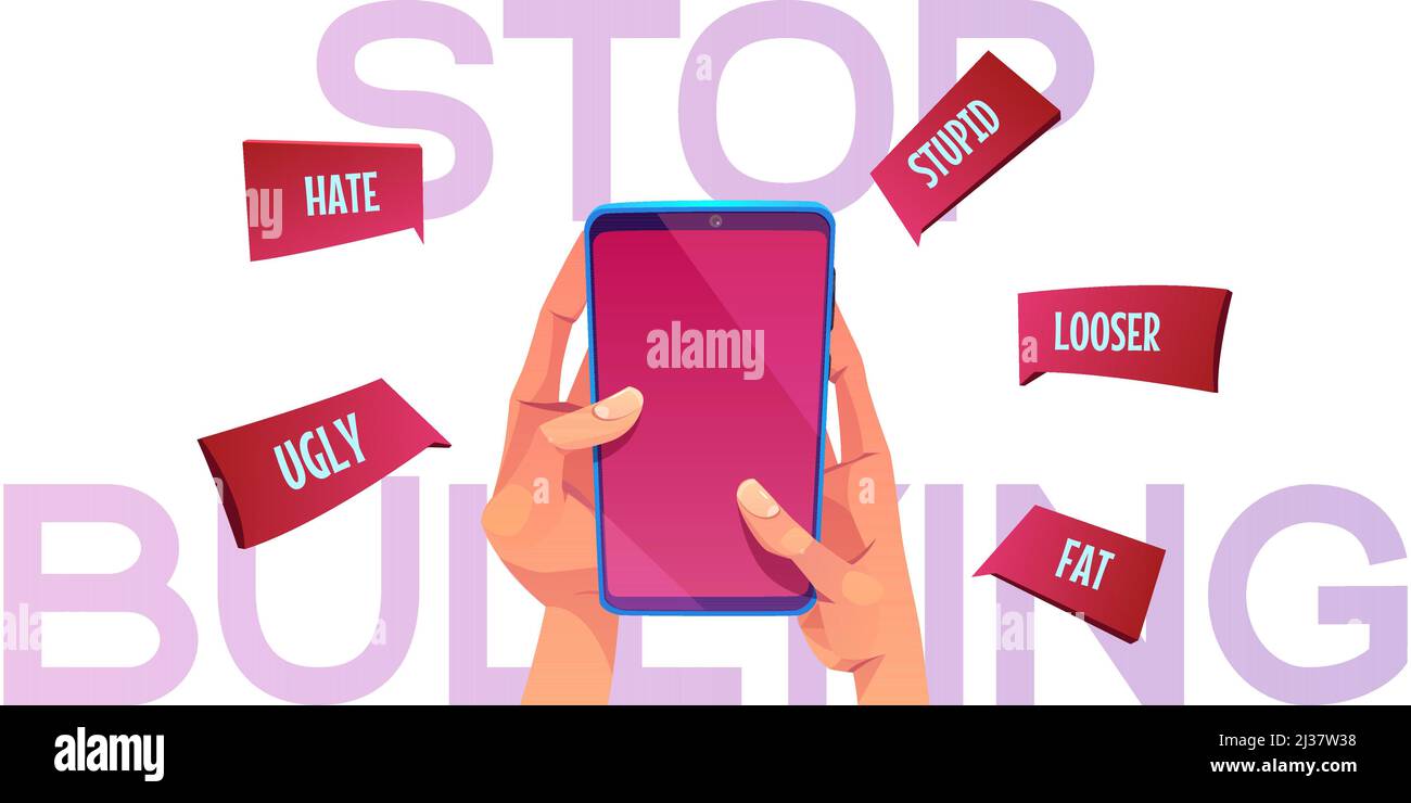 Stop bullying cartoon banner, hands holding smartphone with nasty names ...