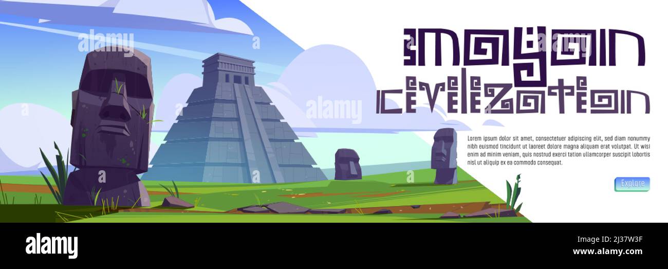 Mayan civilization cartoon web banner. Ancient pyramids of maya and ...