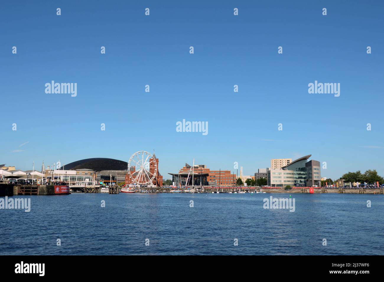 Cardiff Bay, Wales - August 2017: Wide angle view of the waterfront of ...