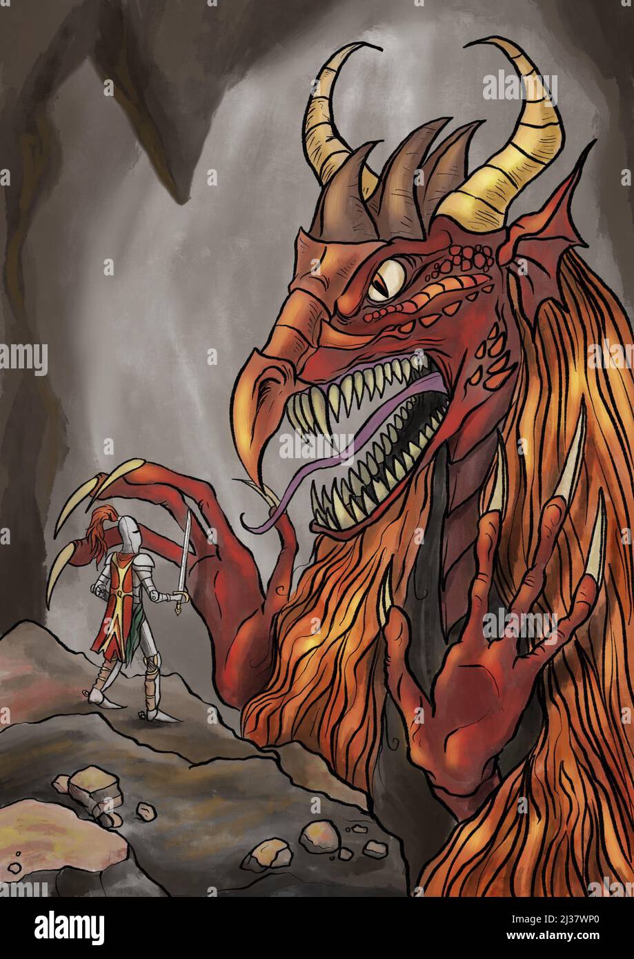 dragon facing off against a knight Stock Photo - Alamy