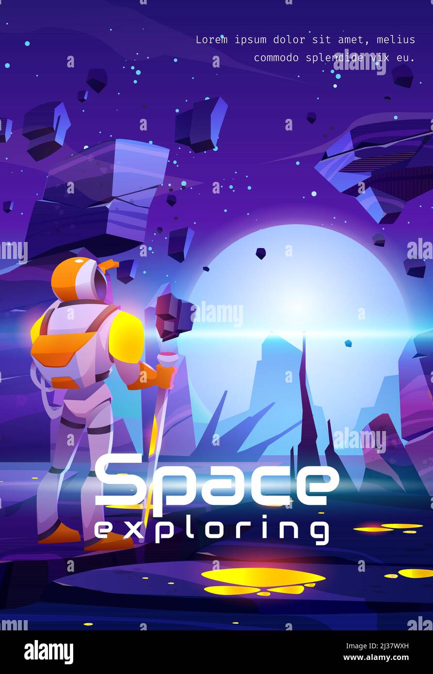 Space exploring cartoon poster. Astronaut on alien planet in far galaxy ...