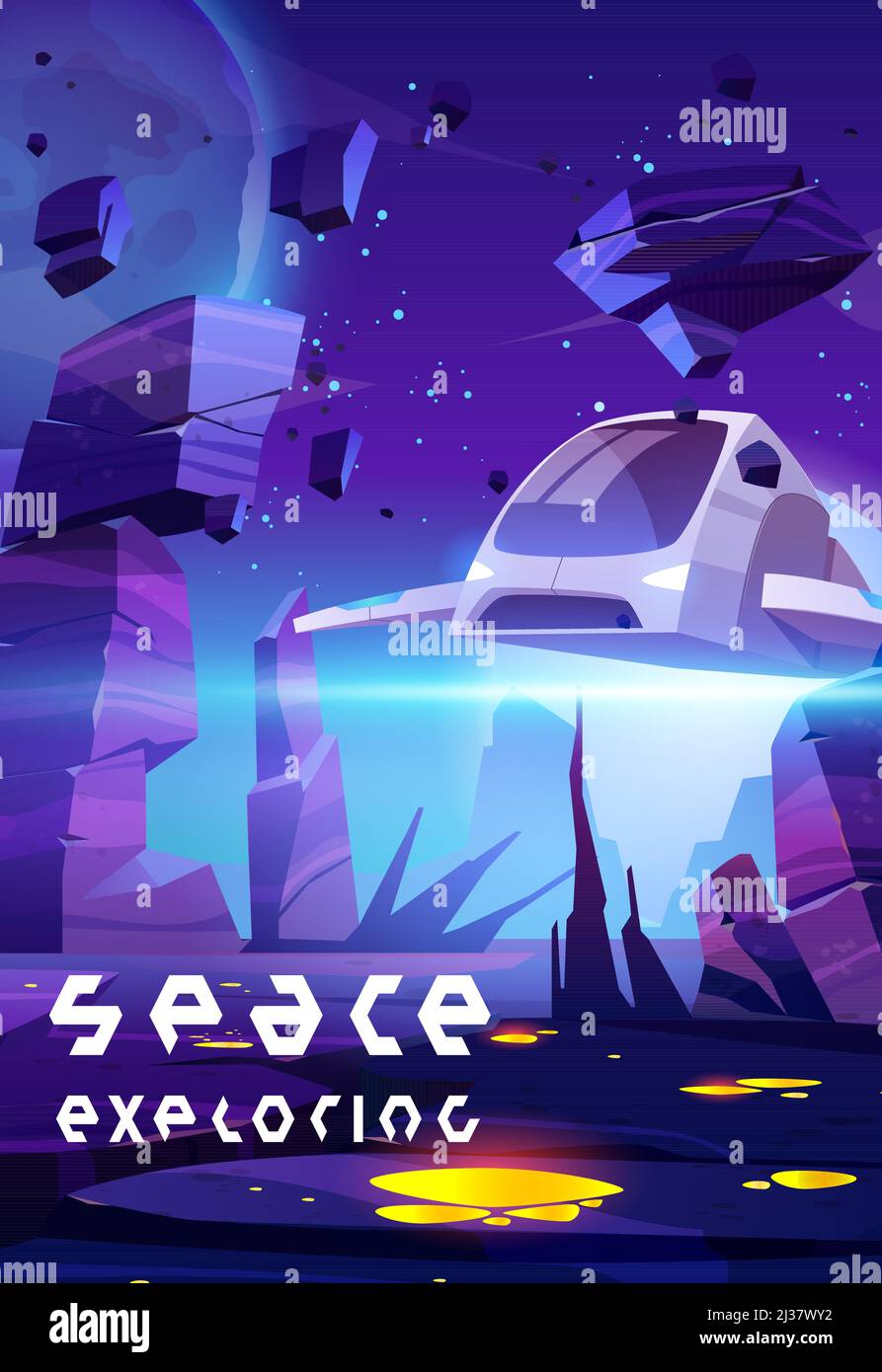 Space exploring poster with spaceship and alien planet surface. Design ...