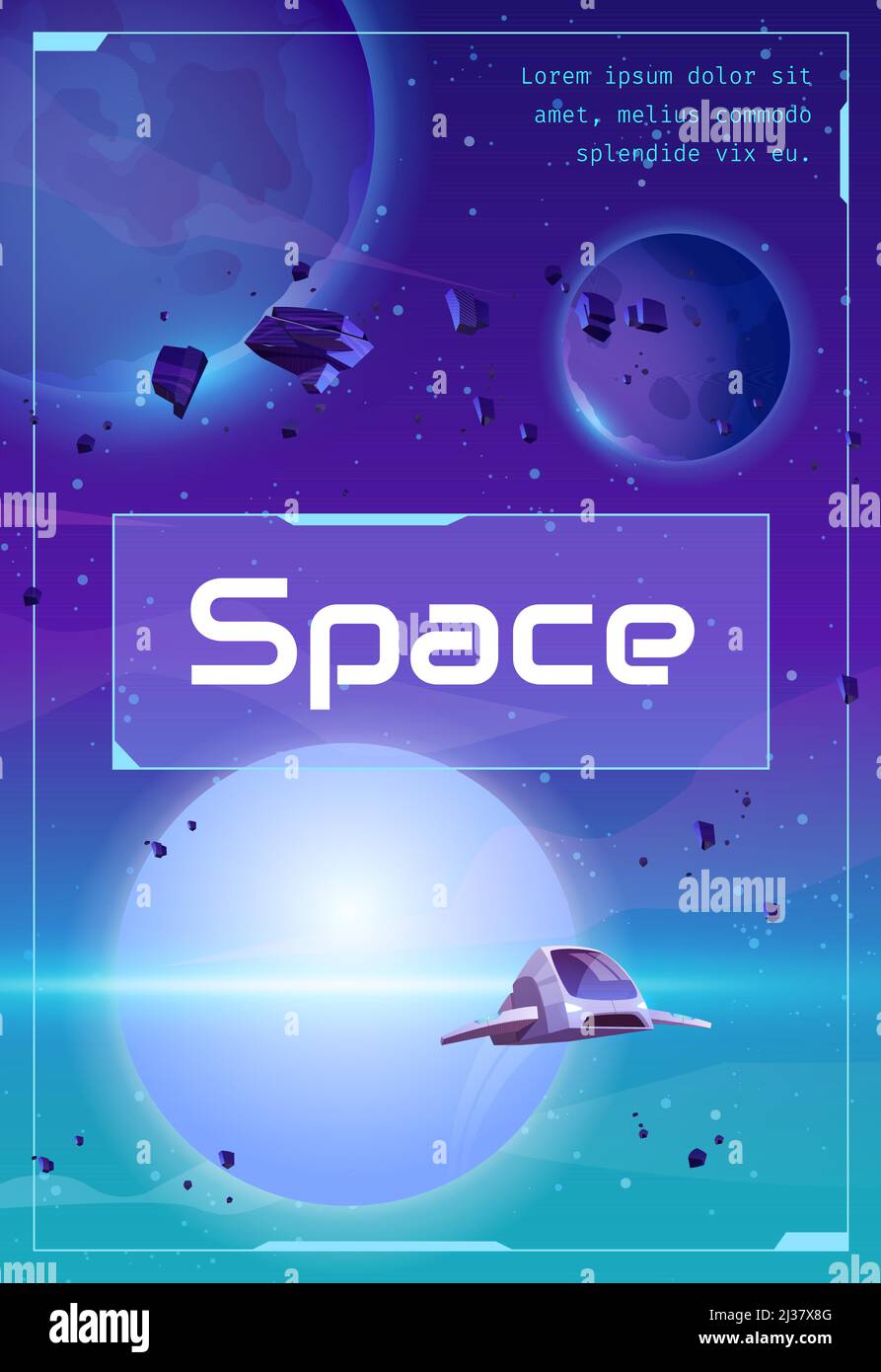 Space poster with spaceship in cosmos with alien planets, asteroids and ...