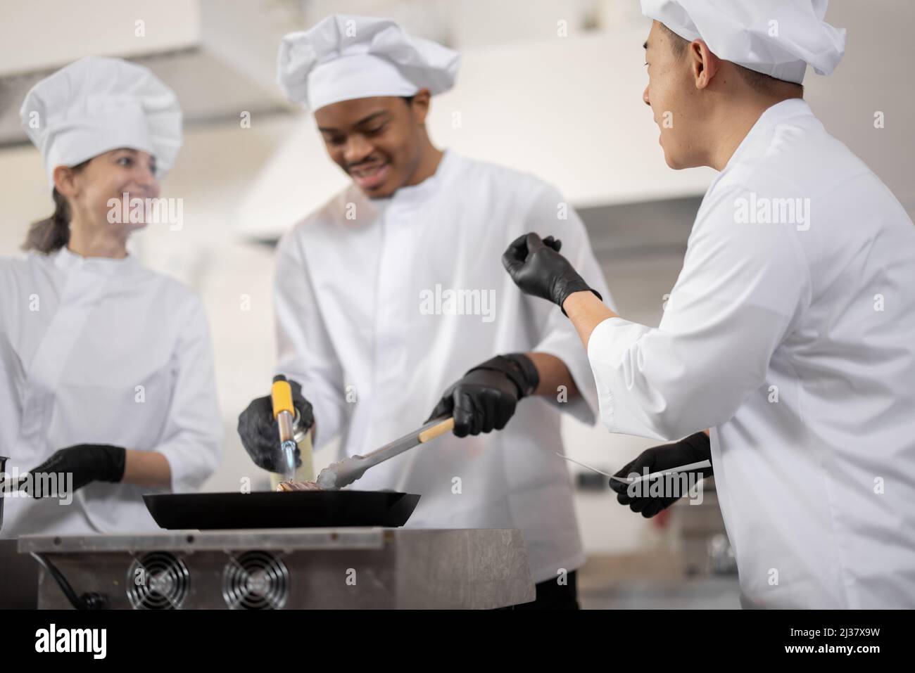 Multiracial team of professional cooks in uniform preparing meals for a ...
