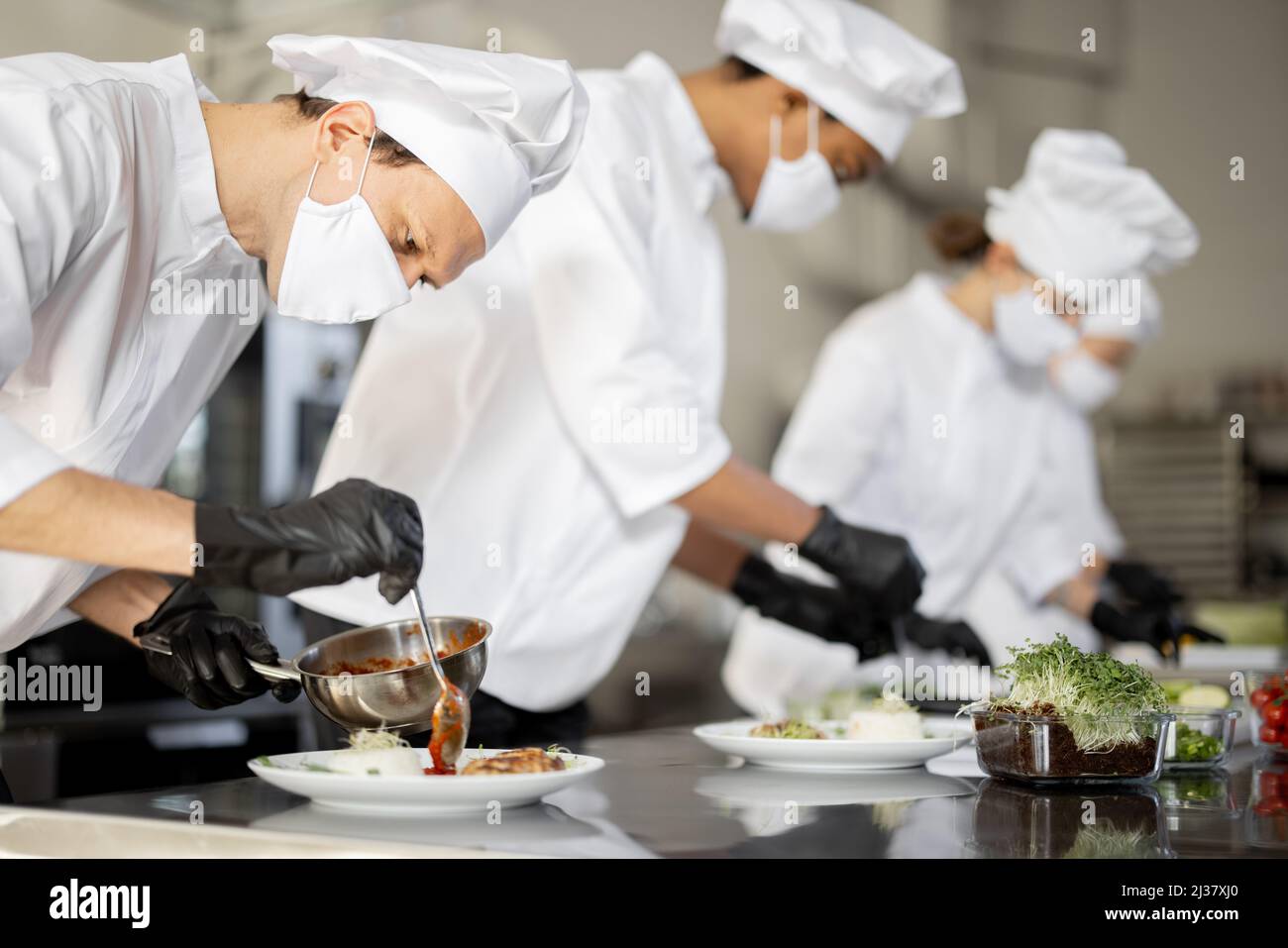 Multiracial group of cooks finishing main courses while working ...