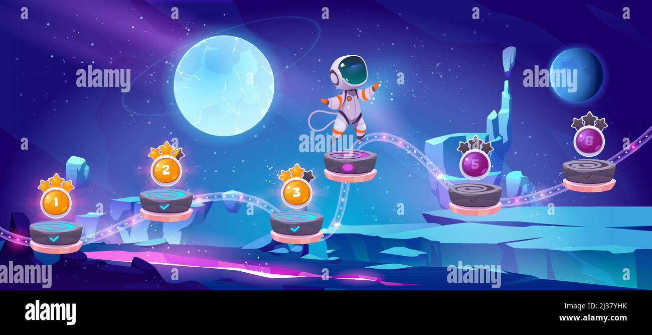 Space game, mobile arcade with astronaut jump on platforms with bonus ...