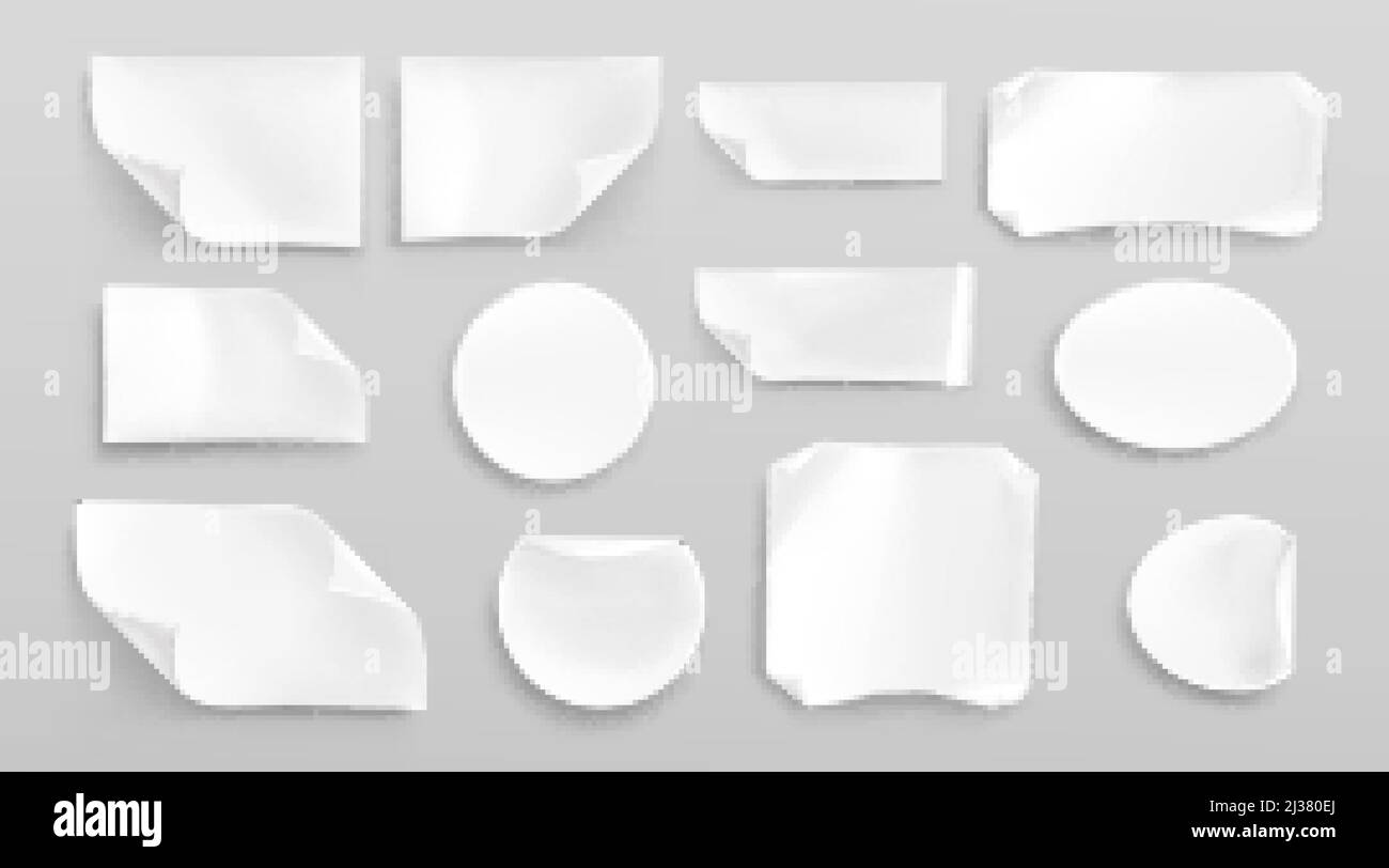 White paper stickers or crumpled glued patches mockup. Blank shrunken ...