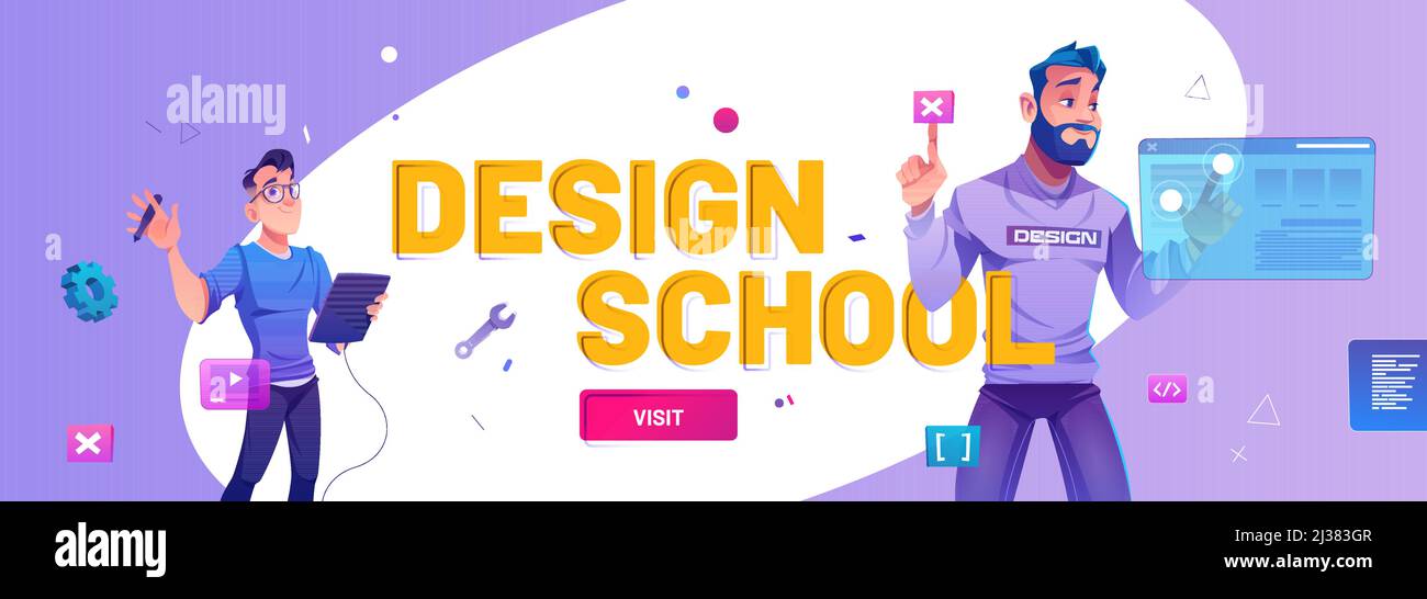 Design school cartoon web banner, professional designers with graphic ...
