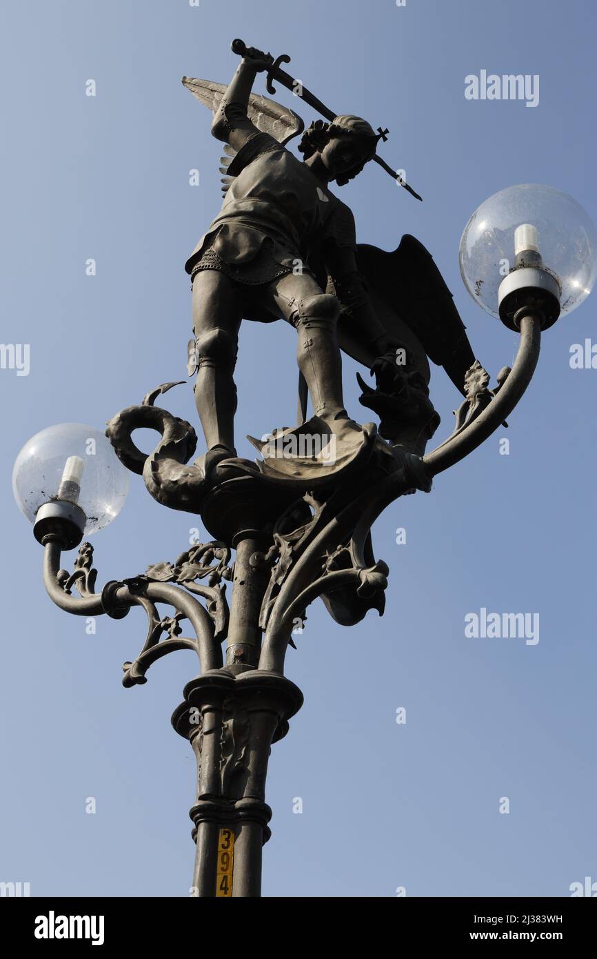 lamp post with statue of St George and dragon, Ghent, Belgium Stock ...