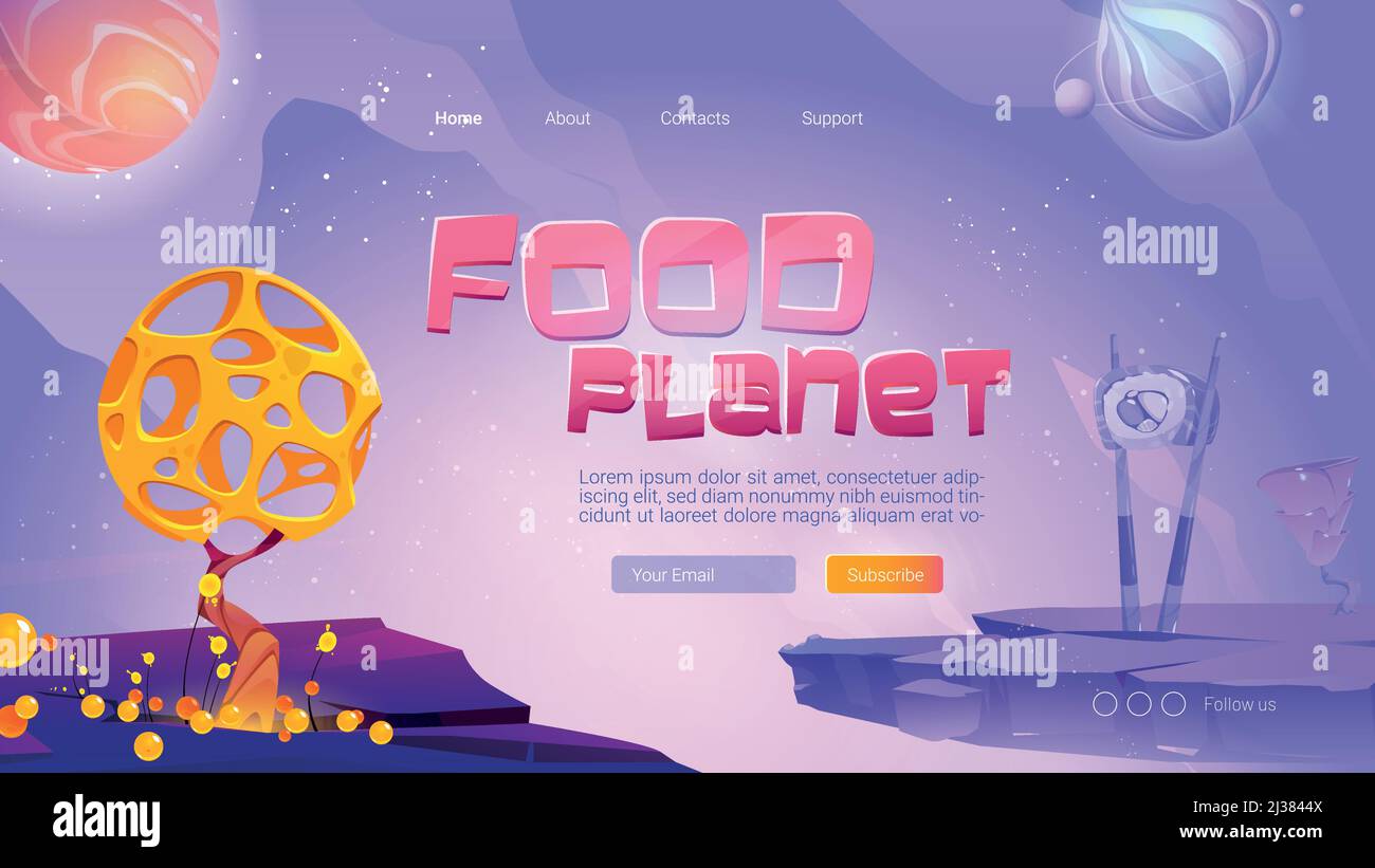 Food planet cartoon landing page. Fantasy game, adventure, funny world ...