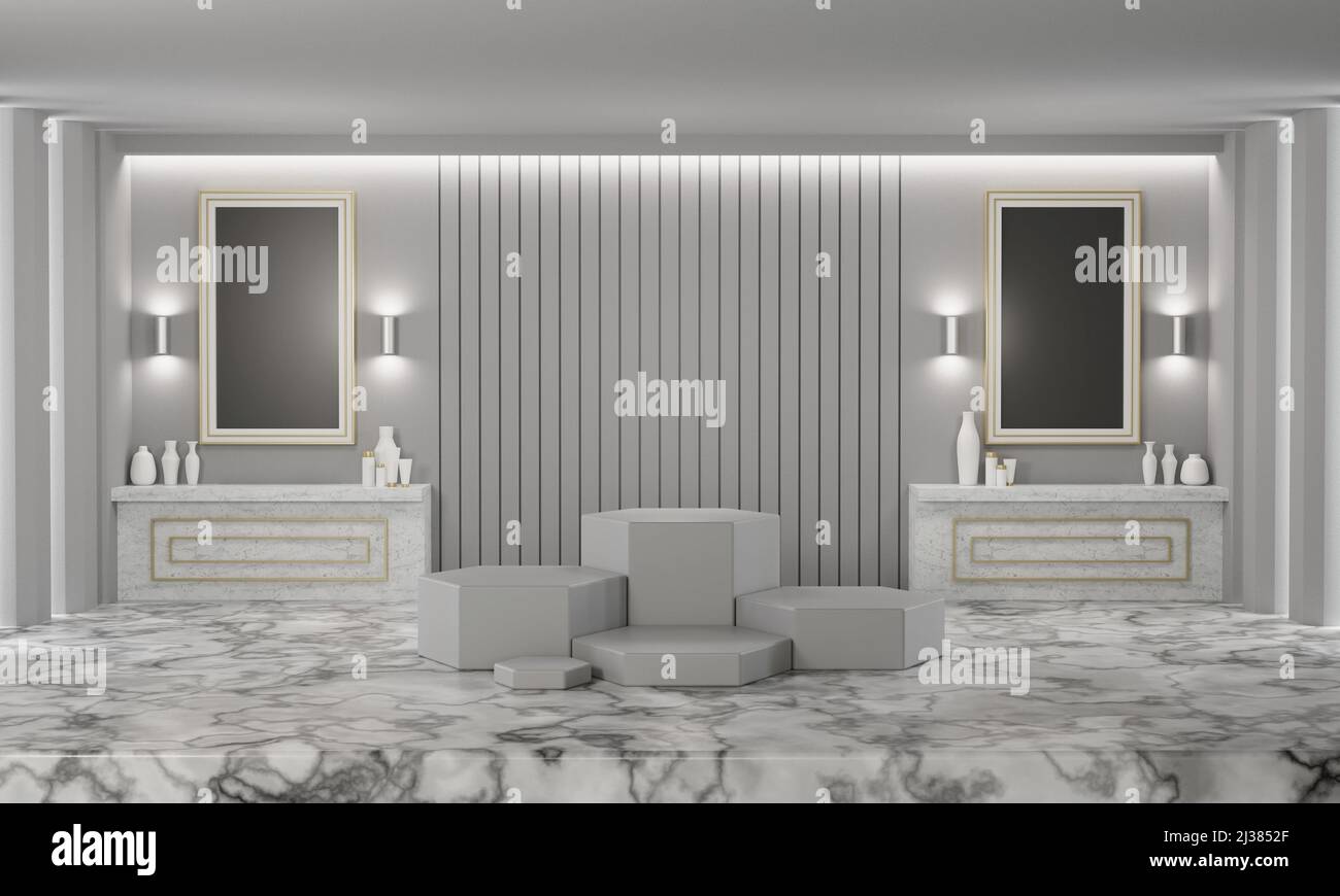 Abstract mock up hexagonal display podium in luxury marble floor ...