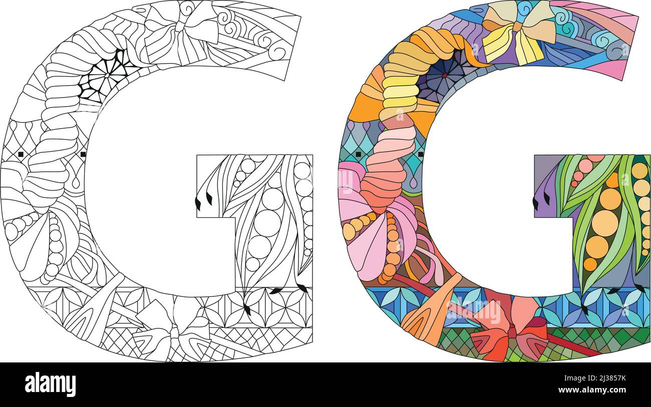 Zentangle stylized alphabet - letter G for coloring. Color and outline ...