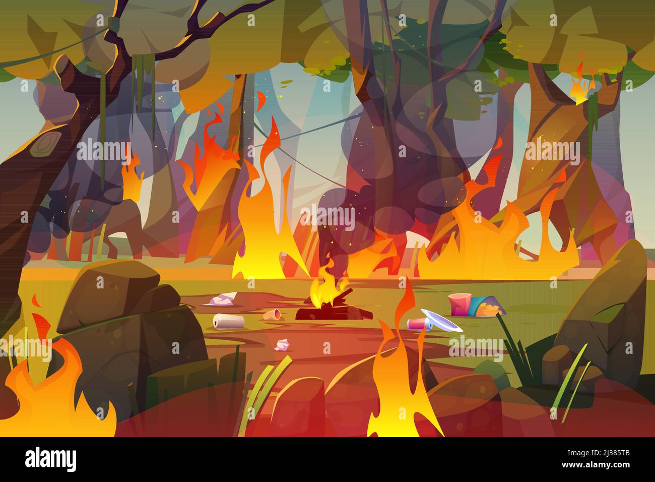 Fire in forest, polluted wood with raging flames and trash. Nature ...