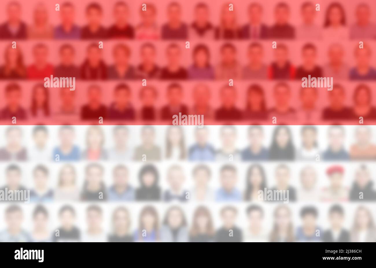 Portraits of many people on the background of the flag of Monaco. The ...
