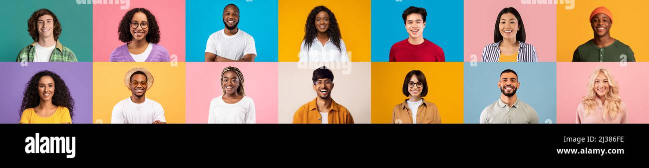 Set of international students photos on colorful studio backgrounds ...