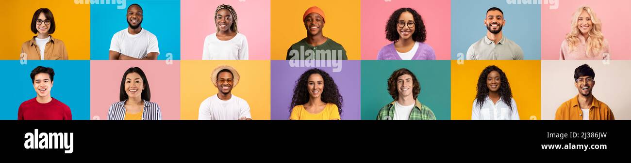 Collage of happy multiracial young people portraits on studio ...