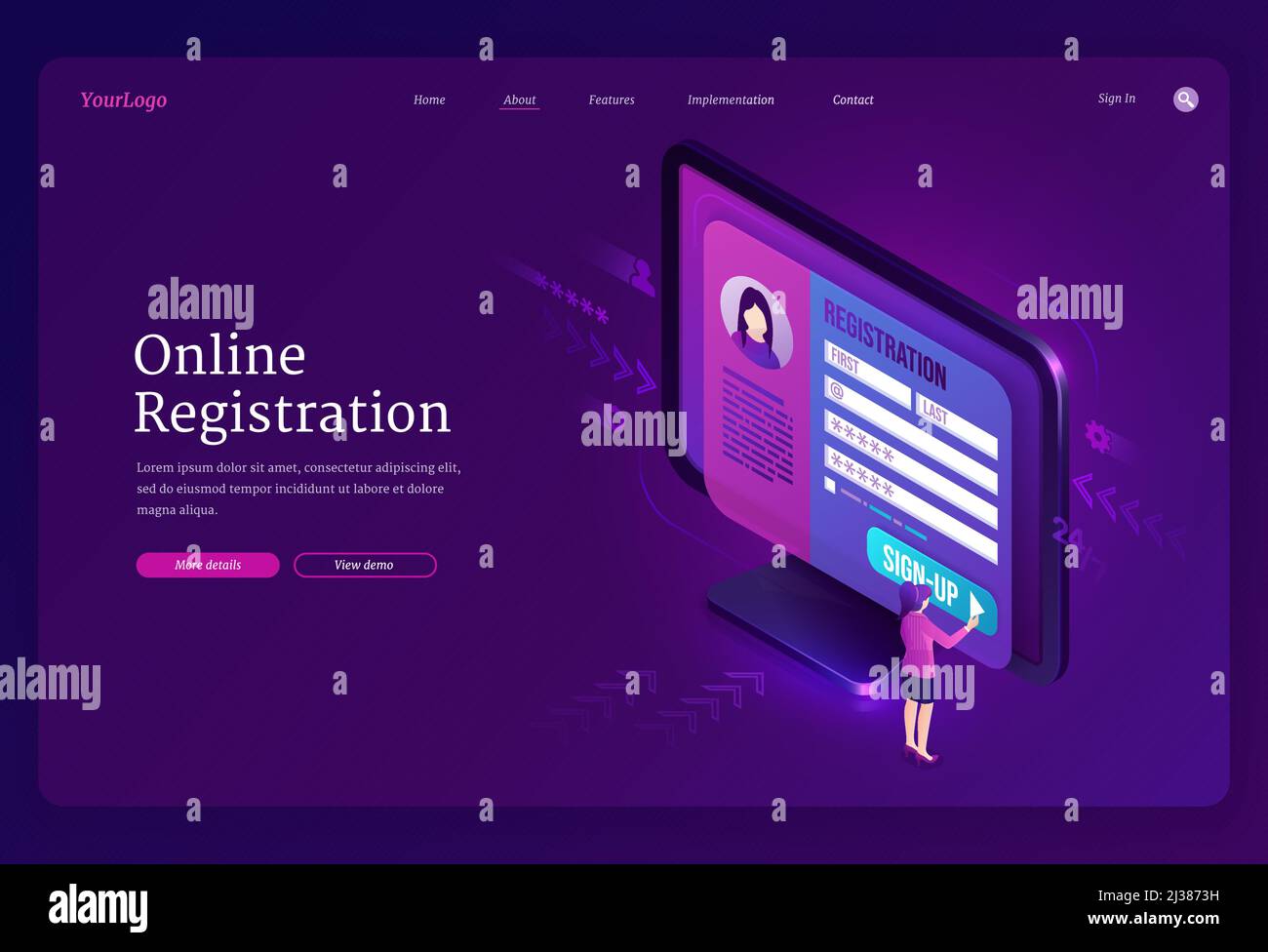 Online registration isometric landing page. Tiny woman push sign up ...
