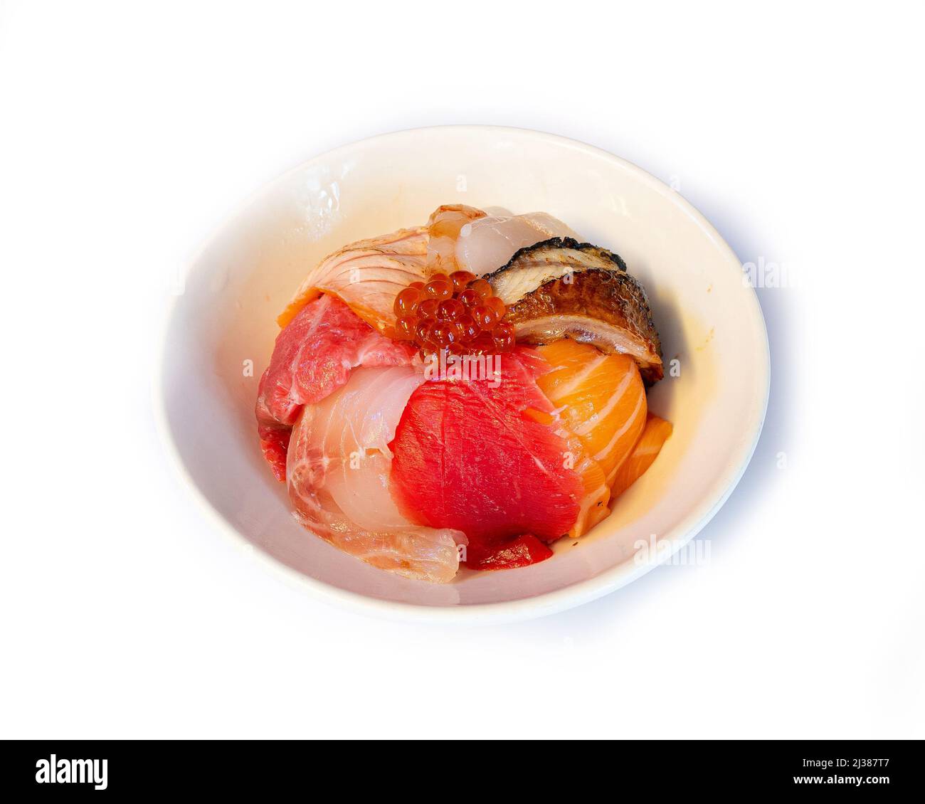 A traditional Japanese food chirashi sushi on a plate isolated on white ...