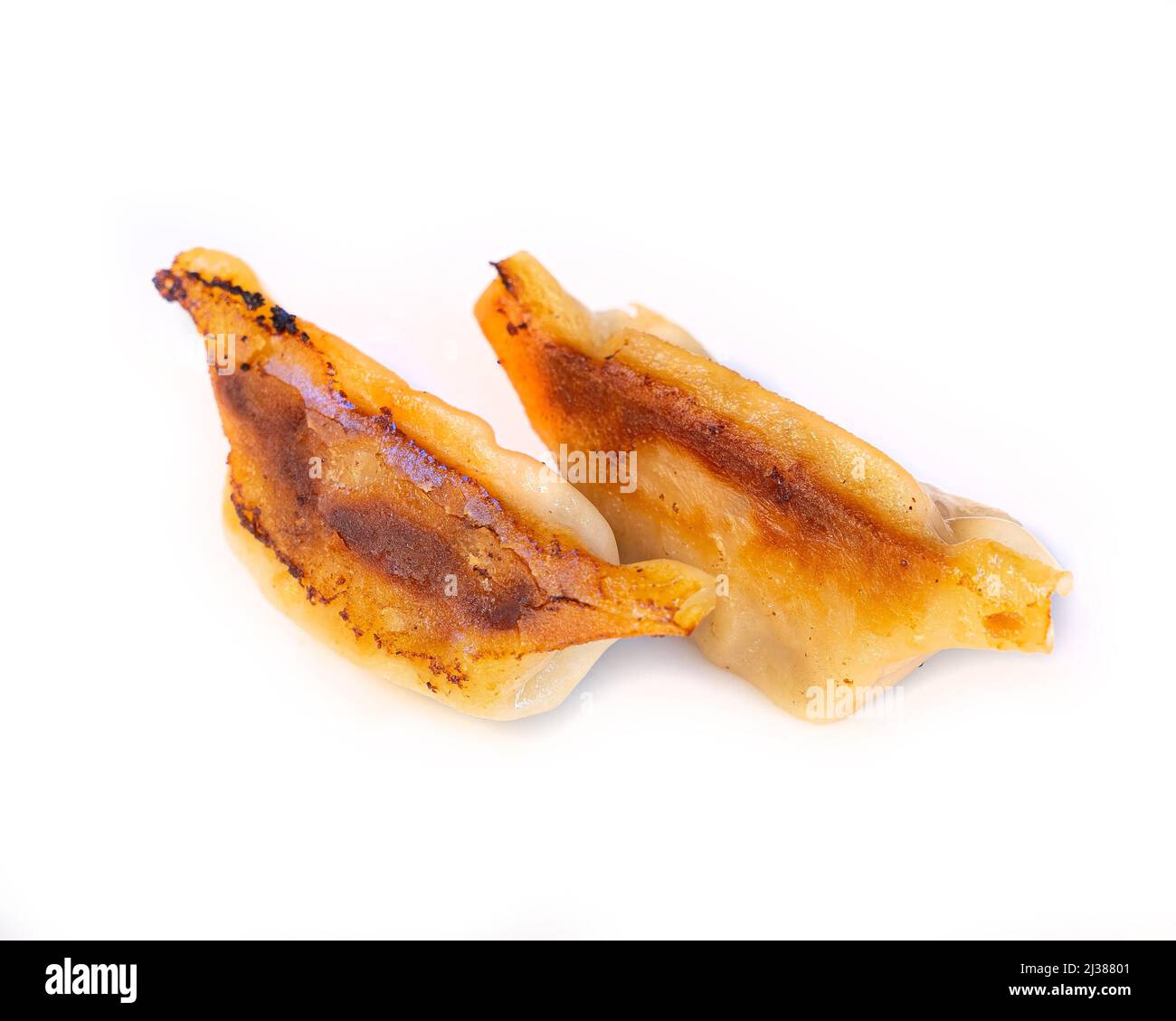 A closeup of traditional Japanese grilled gyoza isolated on white ...