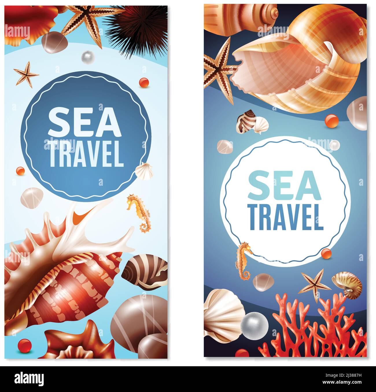 Sea travel vertical banners with various seashells and sea animals ...