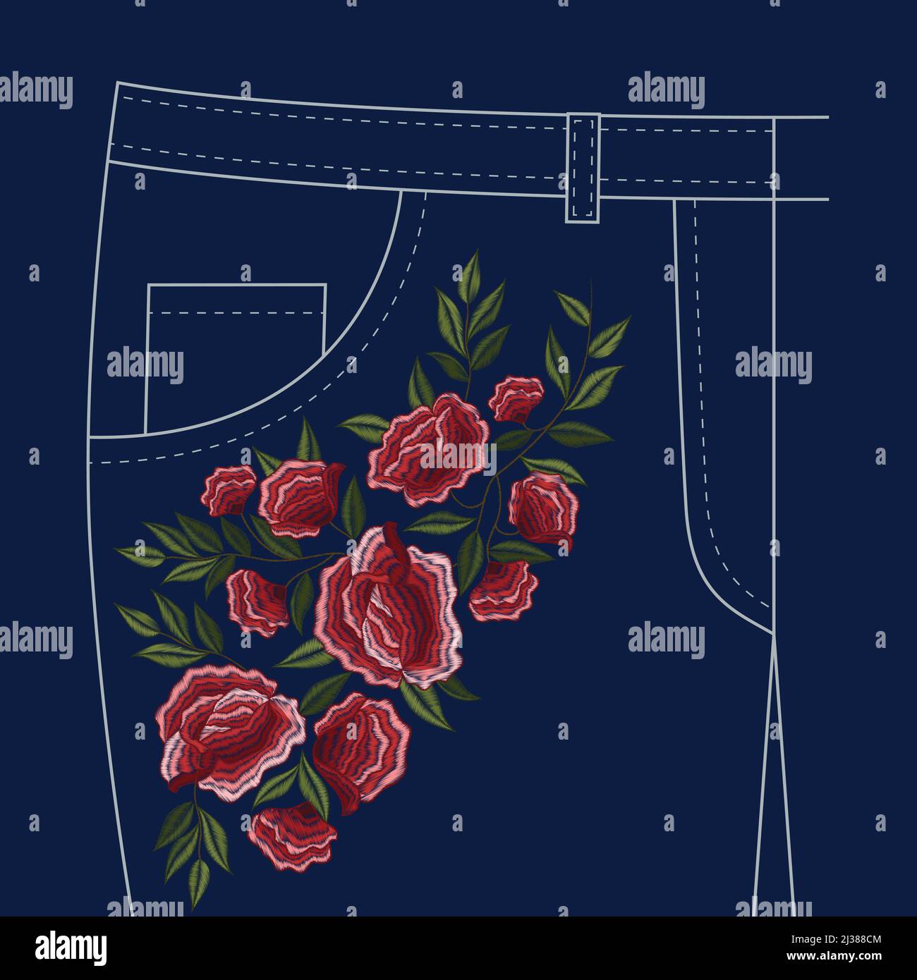 Lady jeans pants front pocket trendy decorative red roses floral folk ...