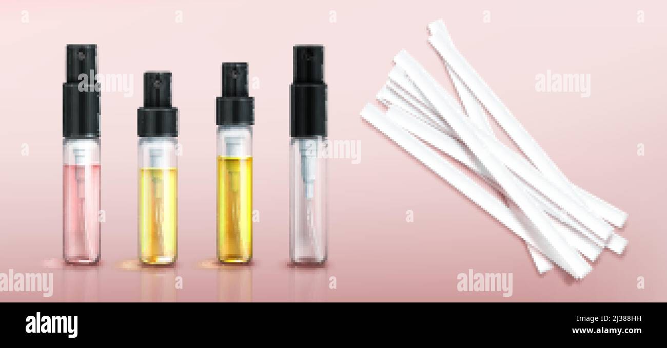 Perfume tester glass bottles and paper strips. Fragrance sample in ...