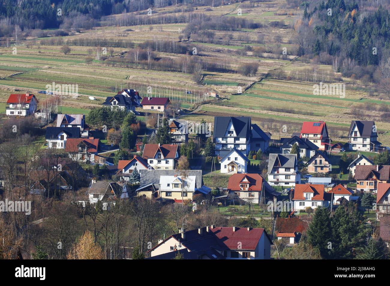 A colorful houses typical of polish village landscape in Lubien, Poland ...