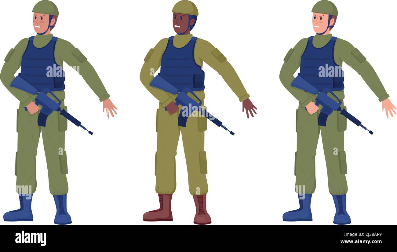 Soldiers in military uniform semi flat color vector characters set ...