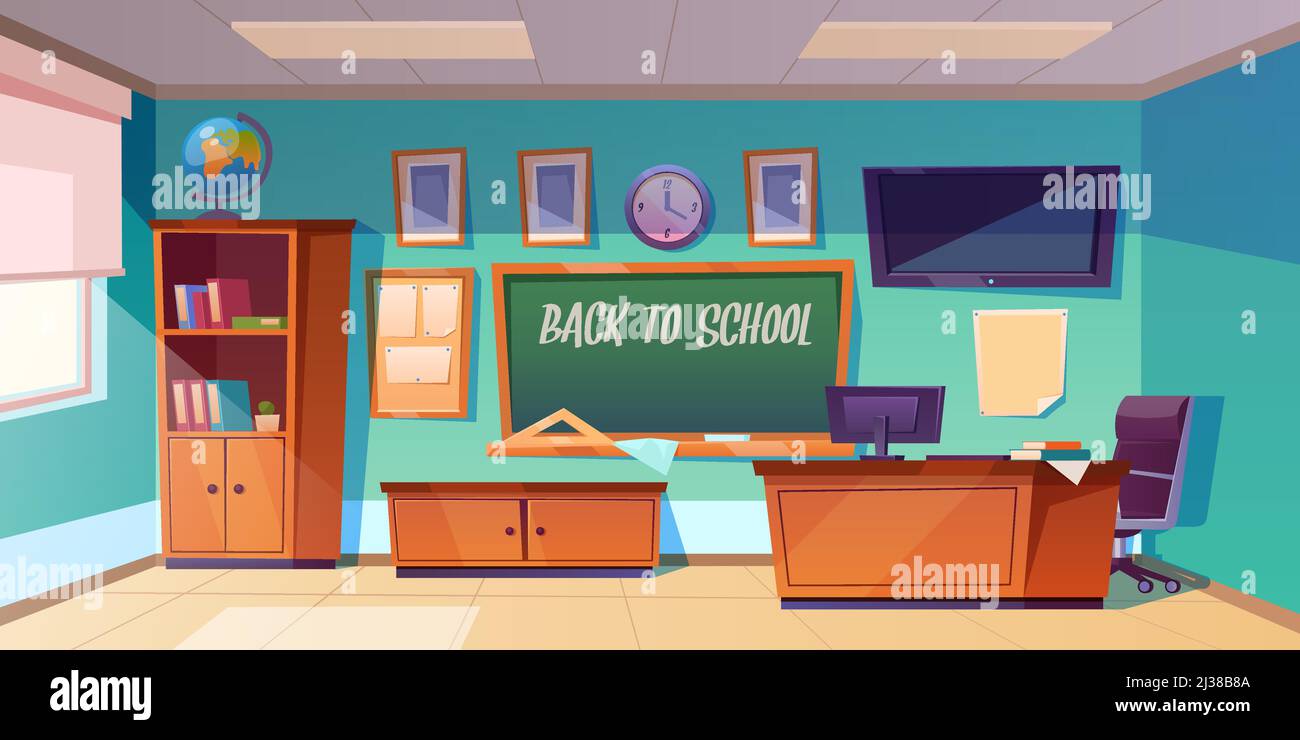 Back to school poster with empty classroom with teachers desk, green ...