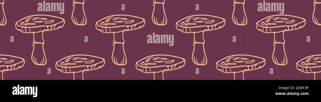 Hand drawn wild mushroom vector border. Seamless trendy purple biology ...