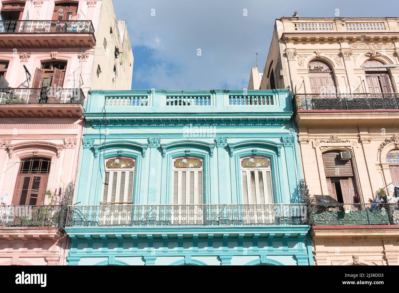 Old pastel colored buildings on Paseo de Mart’ in Havana, Cuba Stock ...