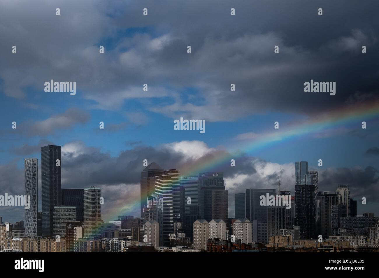 London, UK. 6th April, 2022. UK Weather: A massive rainbow breaks over ...