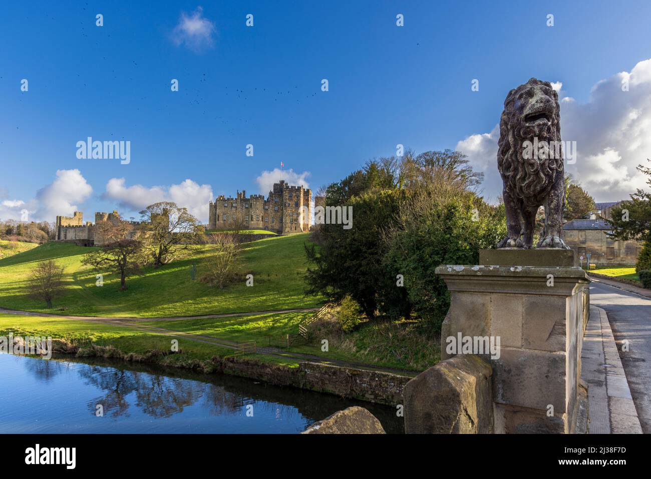 Alnwick Castle and the River Aln from the Lion Bridge, Northumberland ...