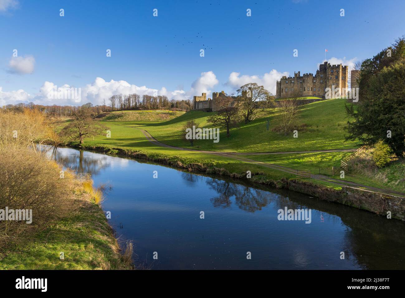 Alnwick Castle and the River Aln from the Lion Bridge, Northumberland ...