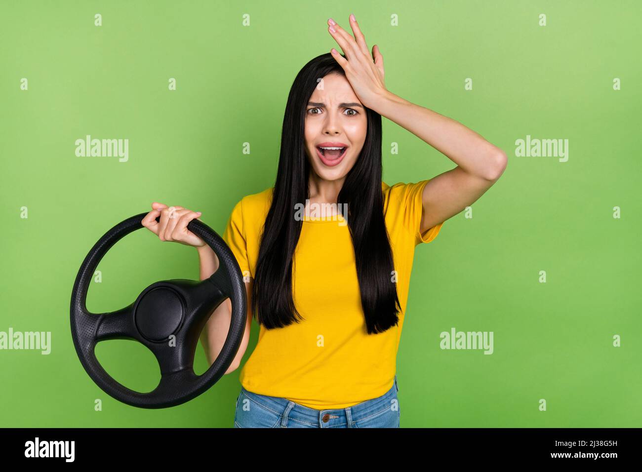 Portrait of impressed speechless person arm head open mouth look camera ...