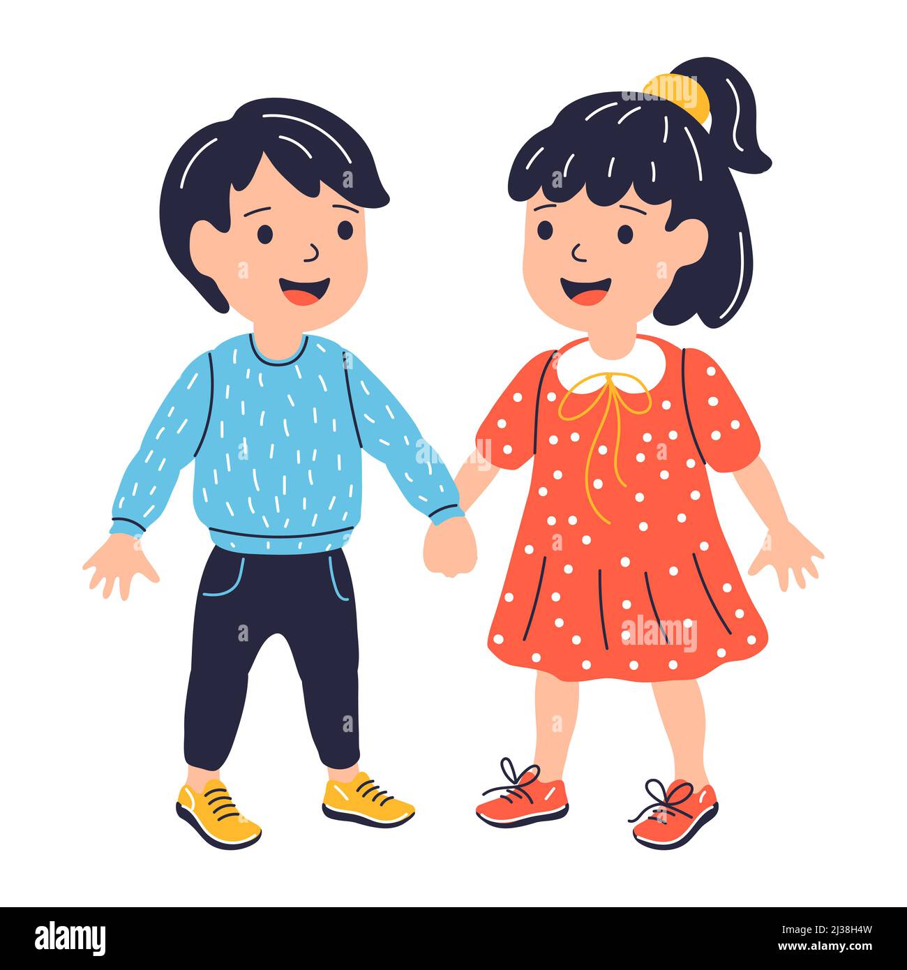 Illustration of standing smiling boy and girl. Children in cartoon ...
