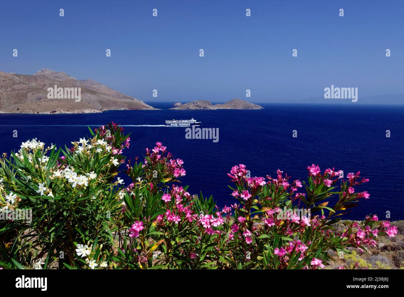 SAOS ferry the Stavros leaving Livadia, Tilos, Dodecanese Islands ...