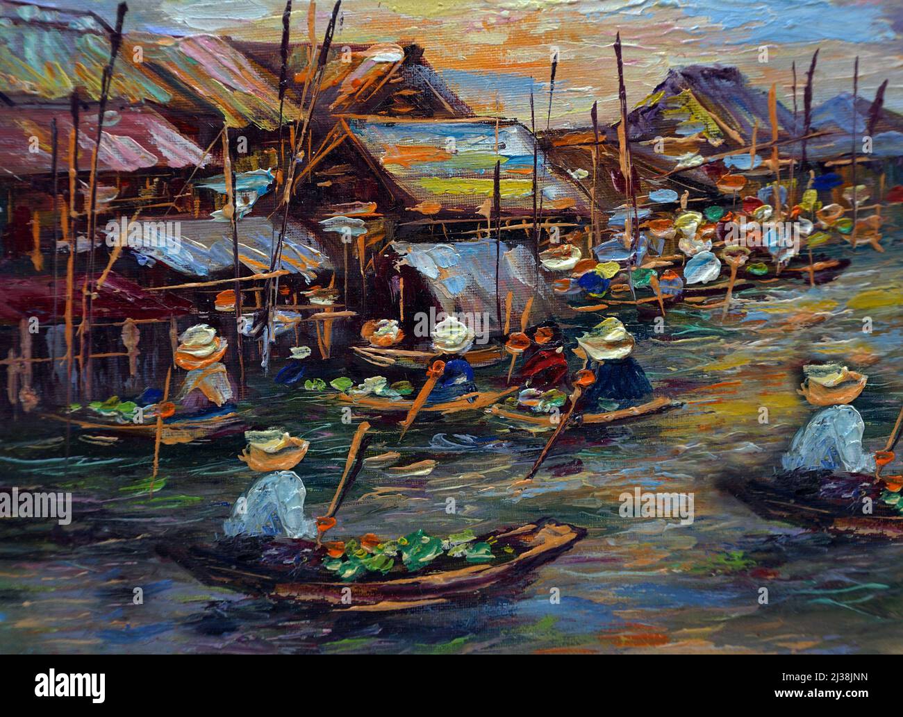 Hand drawn Art painting Oil color Floating market , rural life , rural ...