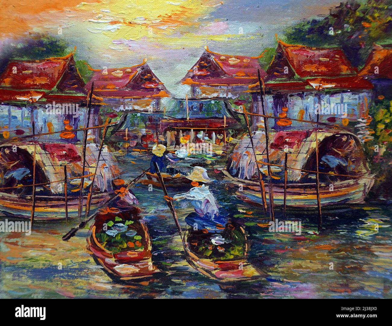 Hand drawn Art painting Oil color Floating market , rural life , rural ...