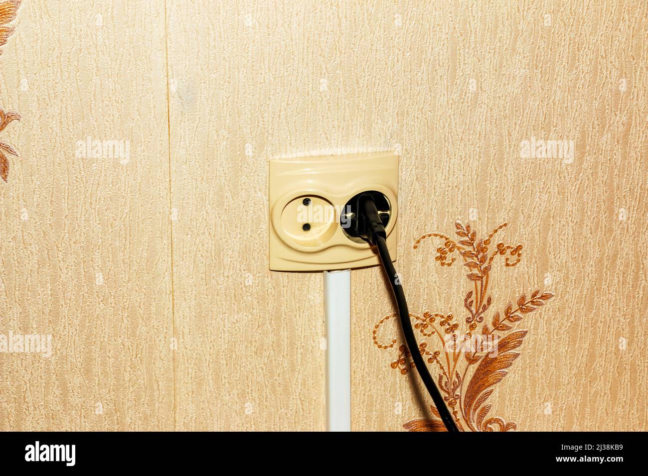Black electrical cord connected to a plastic white socket on a plain ...