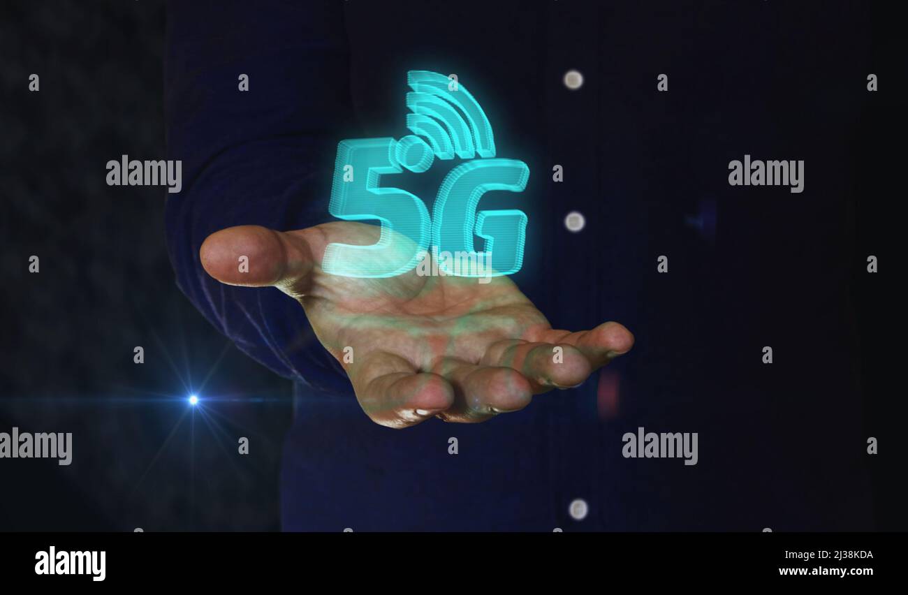 5G high-speed mobile phone communication and iot network symbol over ...
