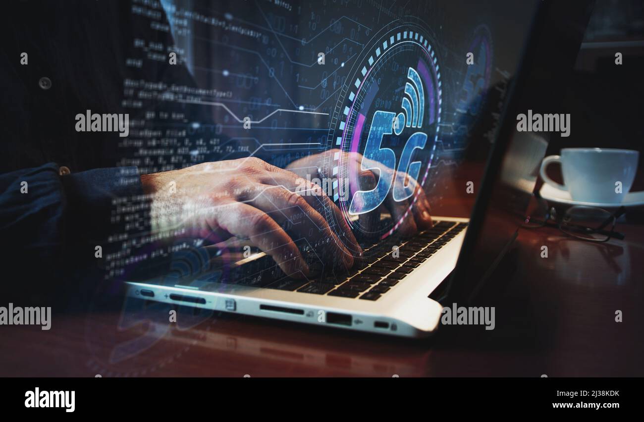 5G high-speed mobile phone communication and iot network symbol and man ...