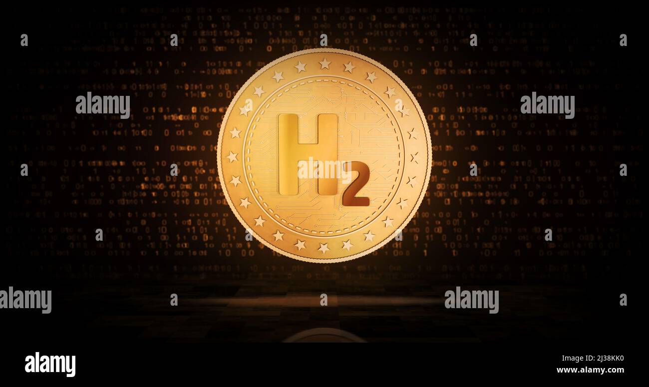Hydrogen, H2, renewable green energy and zero emission fuel gold coin ...