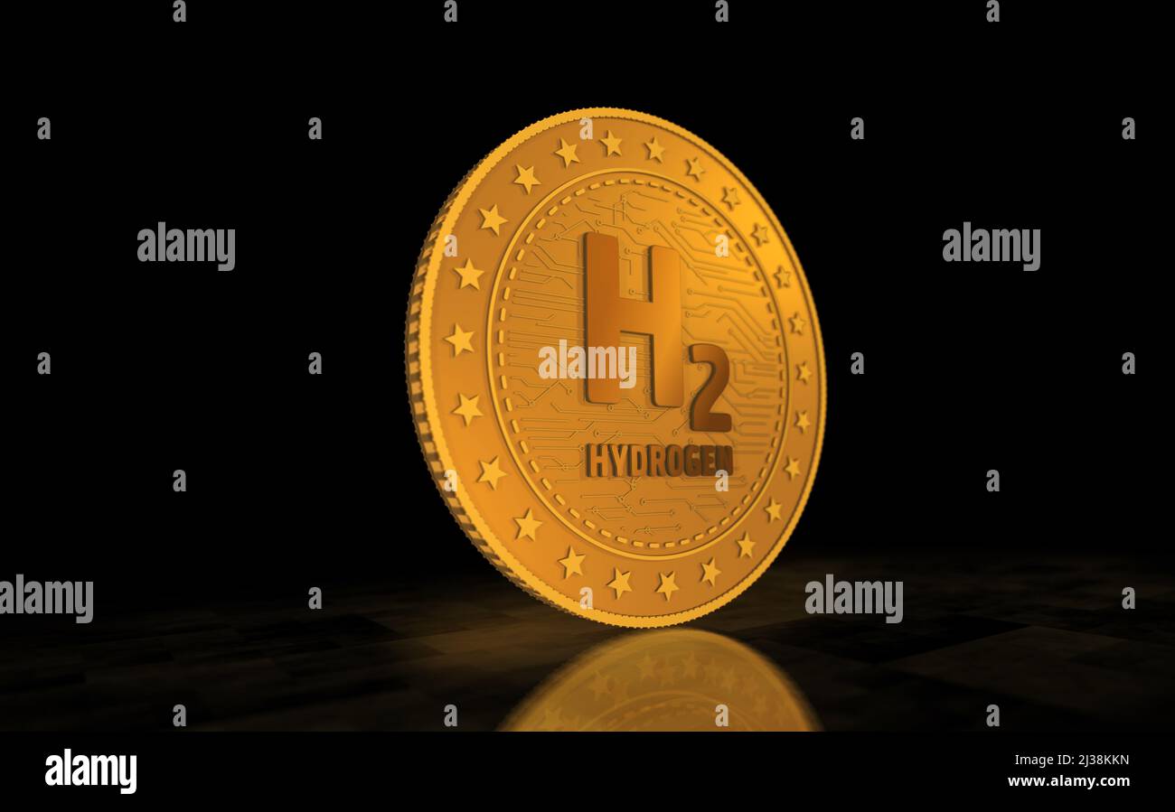 Hydrogen, H2, renewable green energy and zero emission fuel gold coin ...
